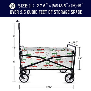 Collapsible Wagon Cart Cherry Seamless Hand Drawn Cherries on Dotted Black and White Painted Foldable Utility Wagon Large Capacity Garden Cart with Push Bar for Beach Camp Outdoor Shopping