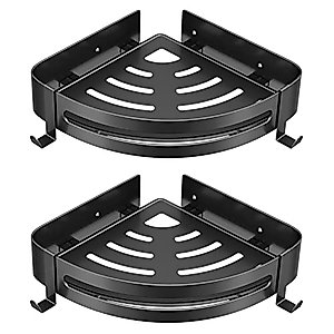 Shower Shelves 2 Pack Corner Shower Caddy Stainless Steel Bathroom Shower Shelf with 4 hooks Wall Mounted No Drilling Storage Shelves Adhesive Triangle Baskets Bathroom Kitchen Storage Basket-Black
