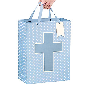 Loveinside Blue Gift Bag with Cross Design, Tissue Paper for Baby Boy Baptisms, Christenings, First Communions Religious Occasion- 10" x 5" x 13", 1 Pcs