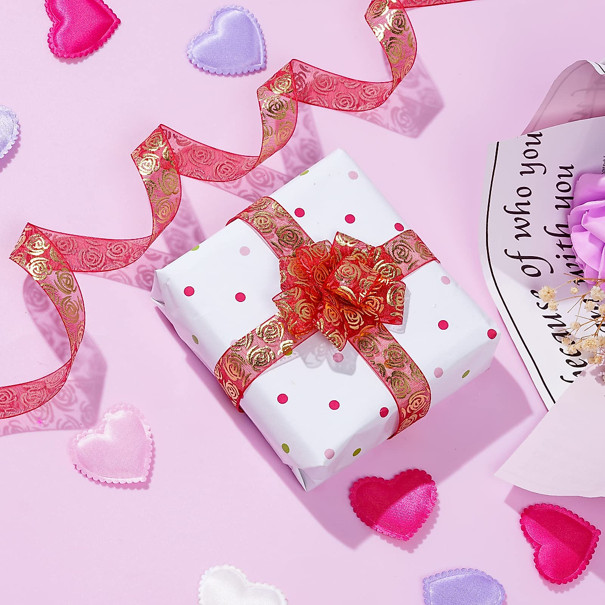 Yookat 6 Rolls Valentine's Day Ribbon Printed Heart Ribbons Mother's Day Ribbon for Valentine's Day Mother's Day Wedding Gift Wrapping