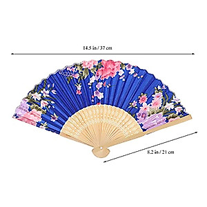RAZZUM 2 Pcs Floral Folding Hand Fan Chinese Vintage Retro Silk Handheld Fans with Frames for Wedding Dancing Church Party Gifts Blue Fan