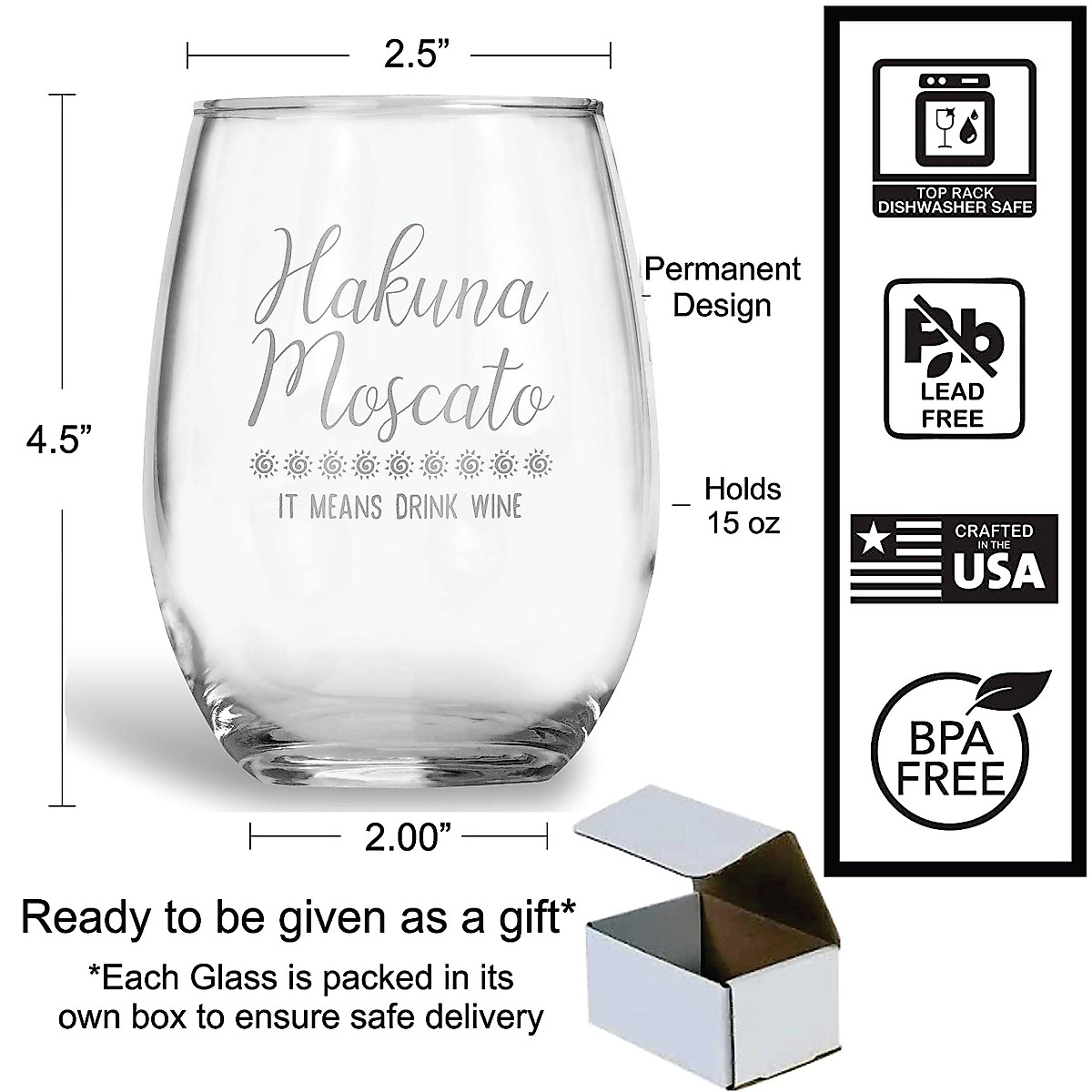 Lion King Inspired Gifts - Hakuna Moscato - 15 oz Stemless Wine Glass - Funny Movie Themed Birthday Present - African Safari - Handmade Artisan Gift