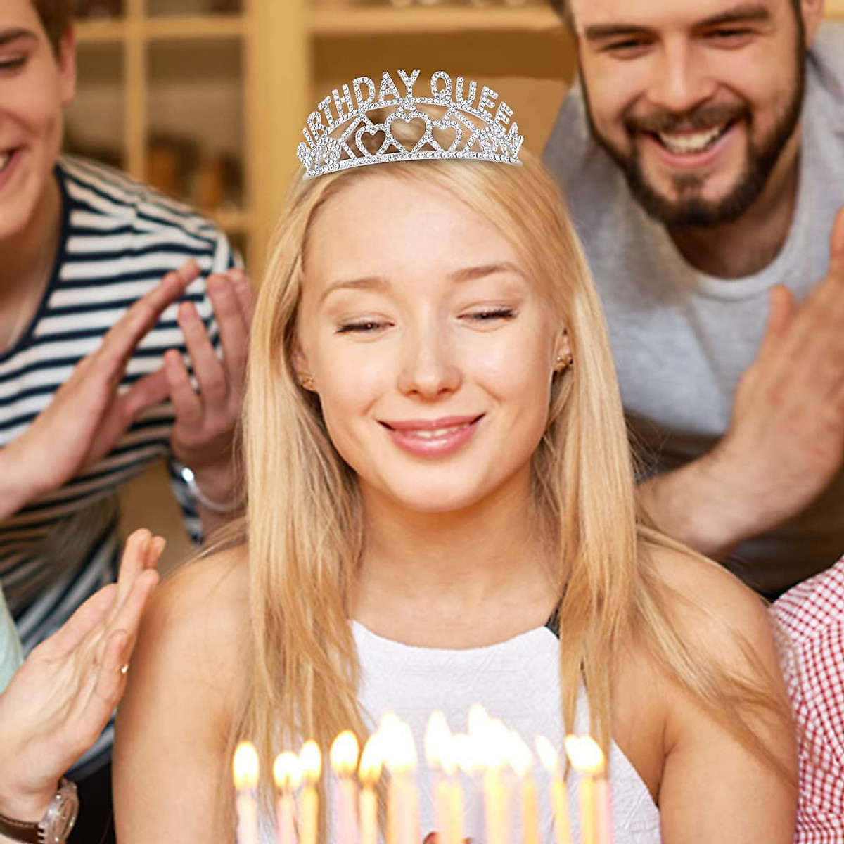 AOPRIE Birthday Tiara for Women Silver Birthday Queen Sash & Headband Happy Birthday Tiara and Crown for Women Rhinestone Crystal Decor