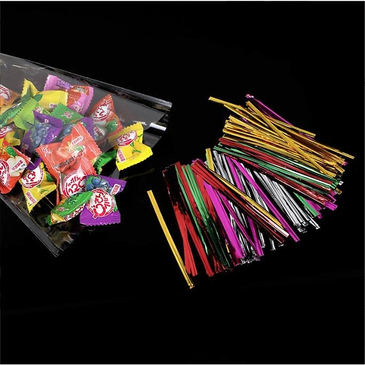 TIMIGGBY 100 Pieces Cone Bag Clear Cone Shaped Treat Bags Cellophane Triangle Bags with 100 PCS Twist Ties Colourful (5.1x9.8 inch)