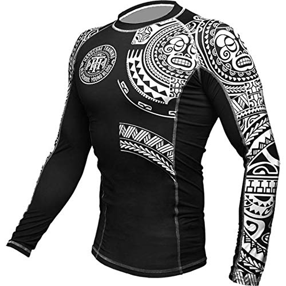 Hardcore Training Ta Moko Black Men's Rash Guard Compression Long Sleeve MMA No-Gi Tight BJJ Grappling Base Layer Fitness (Large Size, Black White)