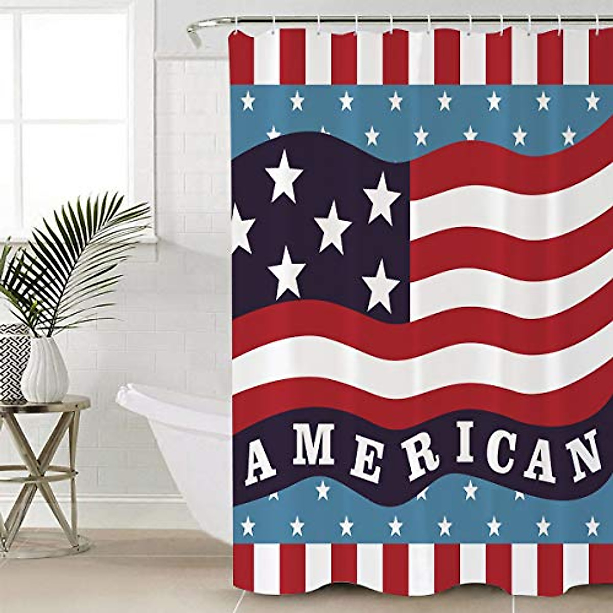 4PCS Bathroom Set Independence Day 4th of July Shower Curtain Sets with Non-Slip Rugs Toilet Lid Cover and Bath Mat Embroidery American Flag Stars and Stripes Simple Bath Curtains with 12 Hooks