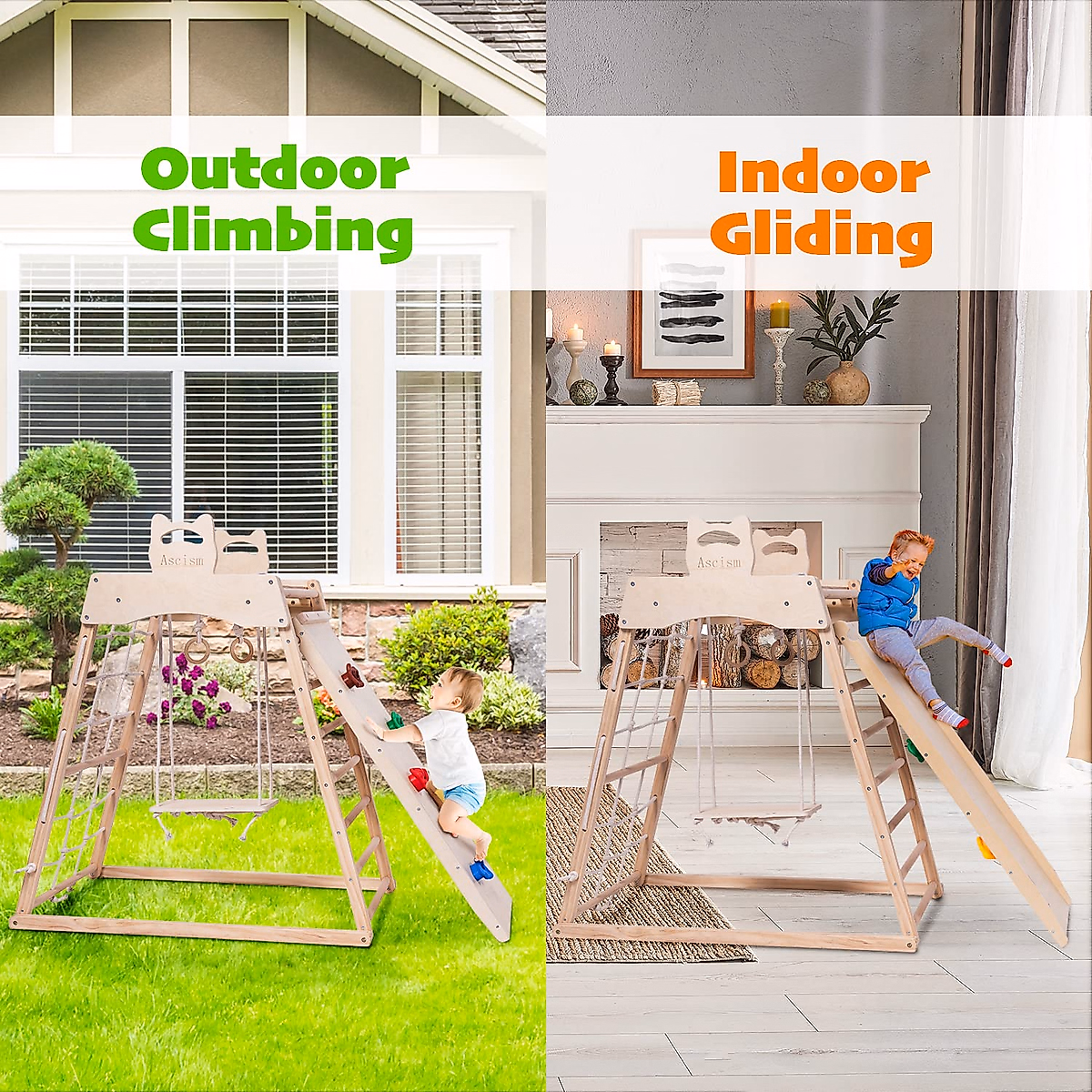 Ascism Jungle Gym Indoor (8 in 1) Wooden Indoor Playground, Toddler Wooden Climbing Toys, Montessori Playset, Gym with Slide, Climbing Net, Swing, Tent, Gymnastics Ring…