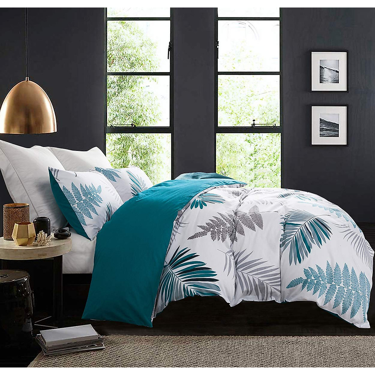 SLEEPBELLA Duvet Cover Full, 600 Thread Count Cotton Leaf Botanical Pattern Print Reversible Comforter Cover Set (Full, Teal Blue-Leaf)