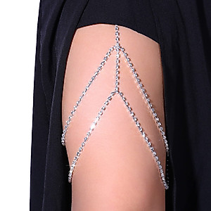Rhinestone Layered Thigh Chain Rhinestone Bridal Body Chain Elastic Crystal Leg Chain Thigh Chain Jewelry for Women Party (Silver)