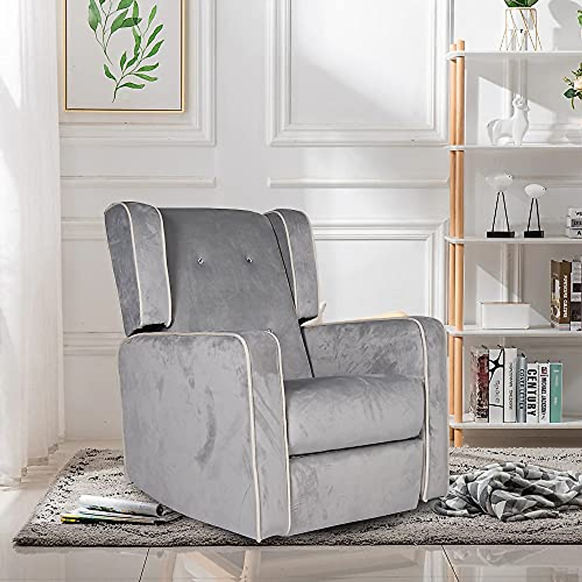 Polar Aurora Swivel Glider Rocker Recliner - Single Suede Tufted Gliding Chairs for Living Room Home Theater (Light Gray)