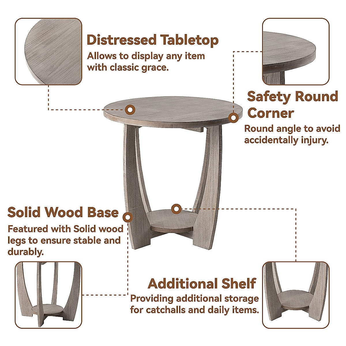 COZAYH Rustic Farmhouse End Table with Storage Shelf, French Country Accent Side Table for Family, Dinning or Living Room, Small Spaces, Modern, Round, Vintage Grey Finish