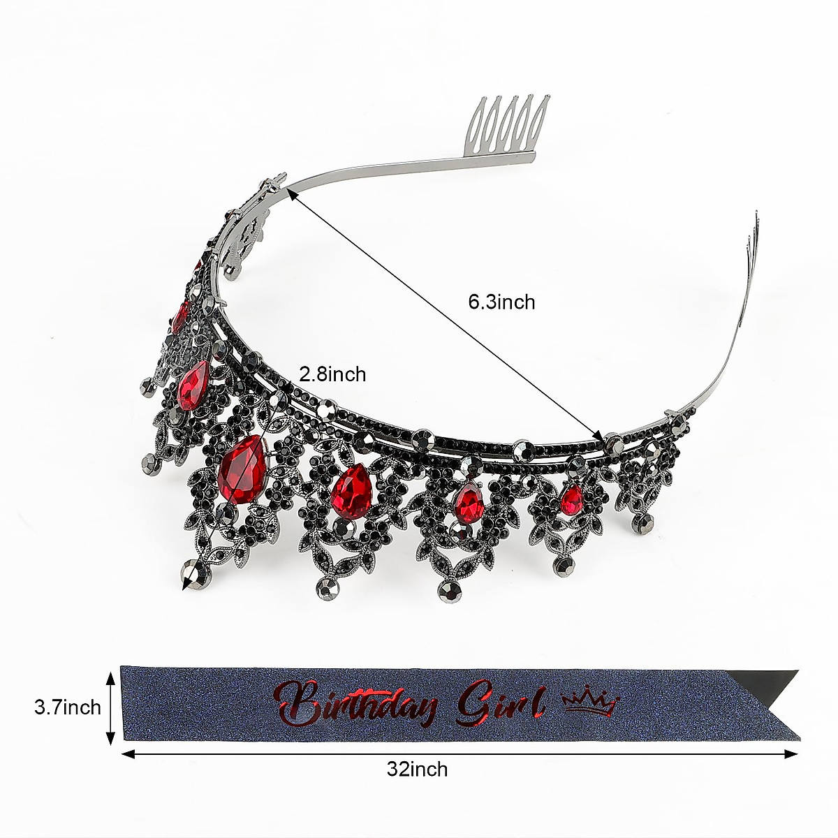 CIEHE Red and Black Birthday Decorations, Queen of Hearts Crown + Black Birthday Girl Sash Set, Birthday Crown and Sash for Women, Birthday Sash for Women Birthday Tiara, Birthday Girl Crown Birthday