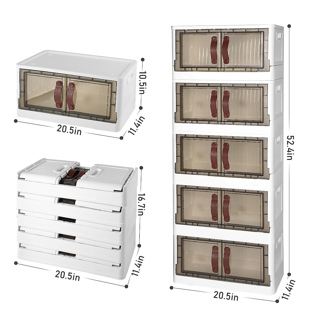 YSSOA Plastic Storage Bins with Lids, 200 Qt (50 Gal) Storage Cabinet, 5 Pack Stackable Beige Closet Organizer, 20.5 x 11.4 x 52.4Inch Foldable Plastic Storage Container with Door