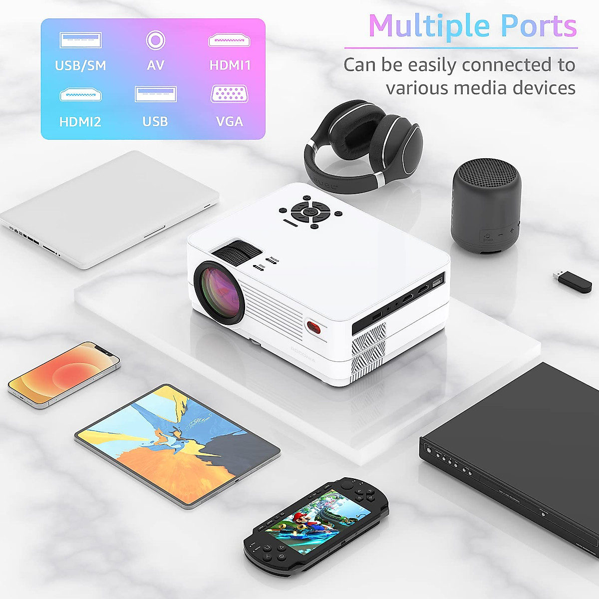 1080P HD Projector with WiFi and Bluetooth,Roconia 9800LM 4K Projector,300" Outdoor Movie Projector,Home Theater Video Projector Compatible with Laptop, HDMI, VGA, USB, iOS & Android Smartphone