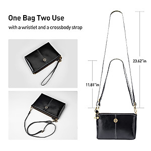 Perenne Small Crossbody Purses for Women Clutch Crossbody Bag Wristlet Handbags Large Capacity Genuine Leather Double Zipper with Wrist Shoulder Strap Black