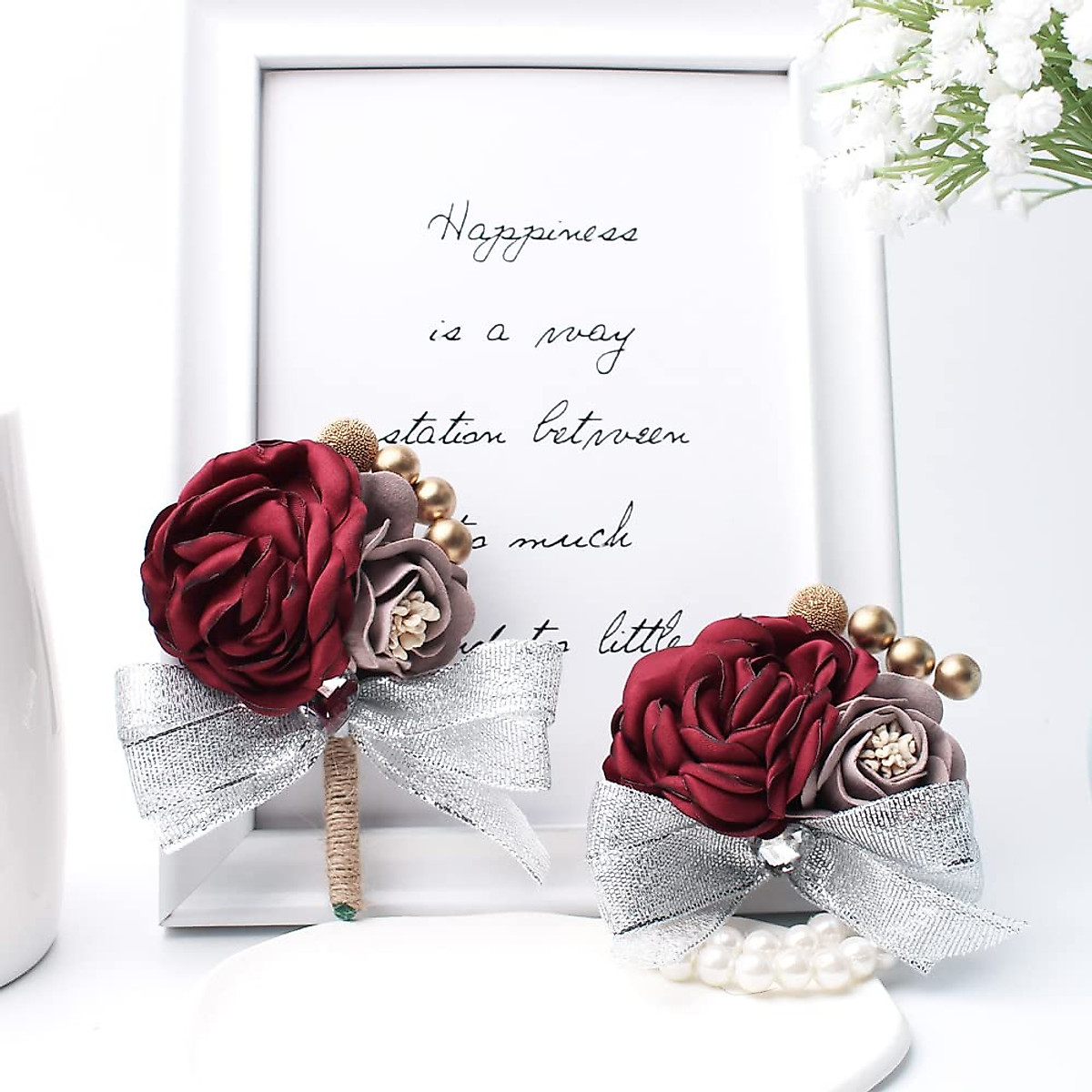 WANLIAN Wrist Corsage,Corsage and Boutonniere Set Bridesmaid Wedding Flower Corsages And Hand Flower Set of 2 for Wedding Prom Party (Red)