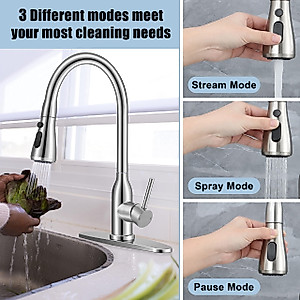 Homikit Kitchen Sink Faucet Brushed Nickel with Pull Down Sprayer, 304 Stainless Steel Kitchen Faucets with Deck Plate for 1 or 3 Hole, High Arc Commercial Faucet for Farmhouse Laundry Utility Rv Bar