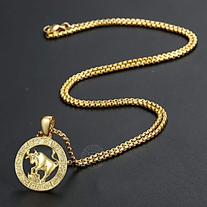 Hermah Gold Plated Zodiac Sign Pendant Necklace for Women Men Taurus Constellation Horoscope Stainless Steel Box Link Chain 22inch