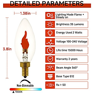 XIAOKALAMI LED Flame Effect Light Bulb E12 Flickering Candle Light Bulbs Crystal Clear Candle Bulb for E12 Edison Base for Chandelier Vintage Christmas Light Bulbs Party 2pack (Red Light Two Mode)