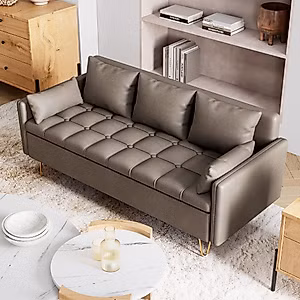 Senfot Faux Leather Sofa Couch 60" W Sofas with Button Tufted Design and Hand Stitched, Heavy Duty Foundation with Gold Metal Legs, Lift-Up Storage and Bolster Pillows in Dark Brown