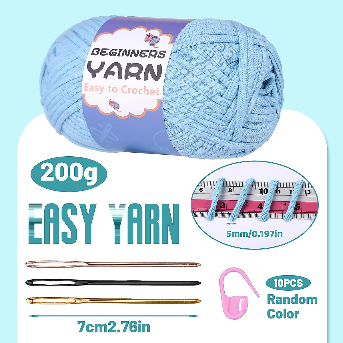 200g Yarn for Crocheting, Crochet Yarn, Easy Yarn for Beginners with Easy-to-See Stitches, Stitch Marker, Big Eye Blunt Needle, Beginner Yarn for Crocheting (Sky Blue)