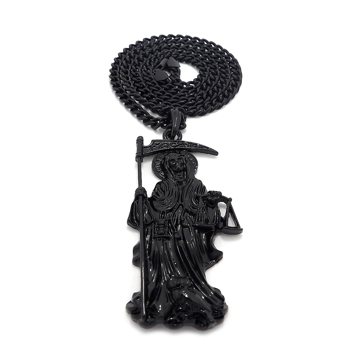 MAXBLING81 Hip Hop Jet Black Saint Death Santa Muerte Charm Pendant & 5mm 24" Cuban Chain Fashion Necklace for Gift, Halloween Party
