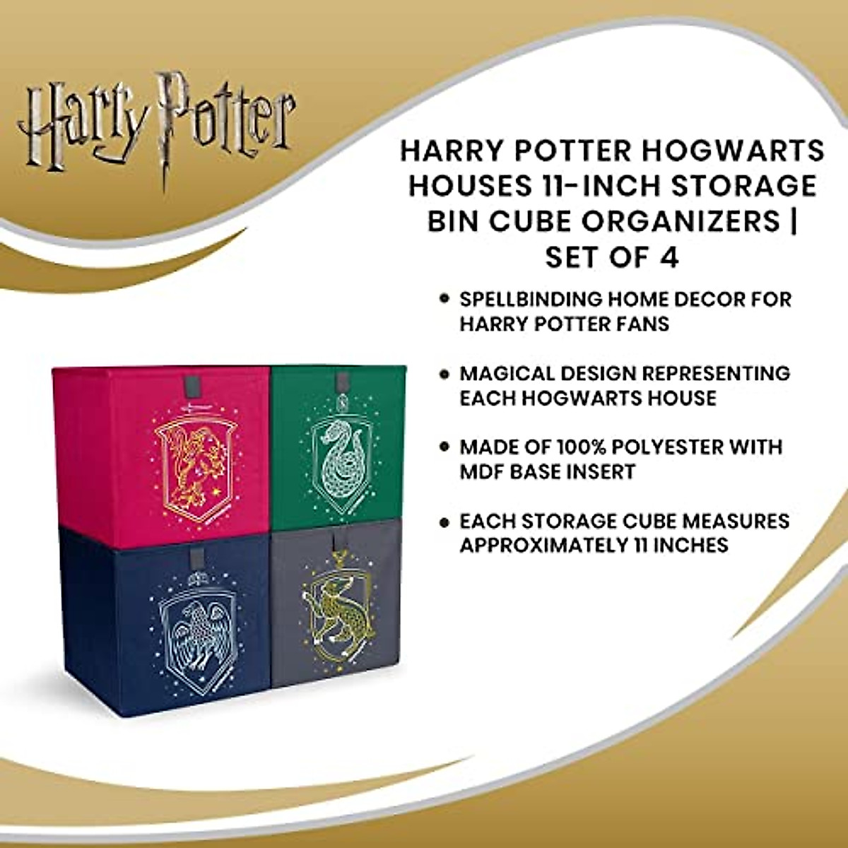 Harry Potter Hogwarts Houses 11-Inch Storage Bin Cube Organizers, Set of 4 | Fabric Basket Container, Cubby Cube Closet Organizer | Wizarding World Gifts And Collectibles