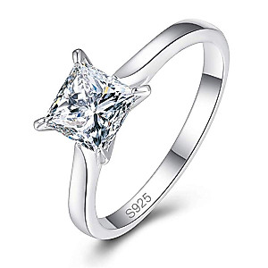 AVECON 1.5 Carat Princess Cut Cubic Zirconia Ring 925 Sterling Silver Solitaire Engagement Wedding Rings for Women SIZE 6.5