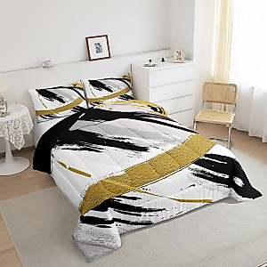 Erosebridal Black Grey Gold Bedding King Brush Strokes Oil Painting Comforter Set, Gradient Abstract Vintage Duvet Insert Ombre Graffiti Down Comforter, Contemporary Modern Bedding Comforter Sets