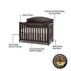 Sorelle Furniture Fairview Crib, Classic 4-in-1 Convertible Crib, Made of Wood, Non-Toxic Finish, Wooden Baby Bed, Toddler Bed, Child’s Daybed and Full-Size Bed, Nursery Furniture - Espresso