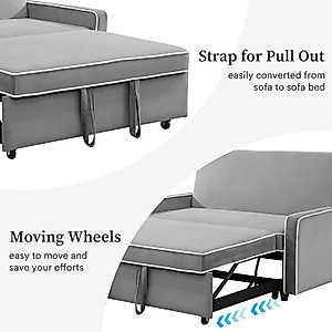 Rovibek 3 in 1 Convertible Sleeper Sofa Bed Pull Out Couch Futon Loveseat Velvet Chaise Lounge with 2 Pockets and 2 Pillows for Living Room, Ash Grey