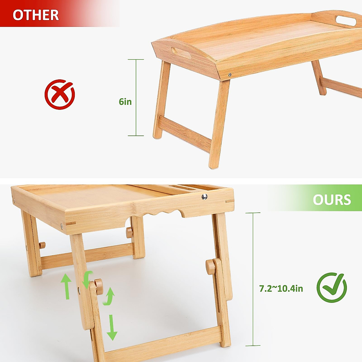 Moretoes 2pcs Bed Tray Table for Eating, Bamboo Breakfast Food Tray with Adjustable Folding Legs and Phone Holders for Sofa Laptop Desk Snack Tray