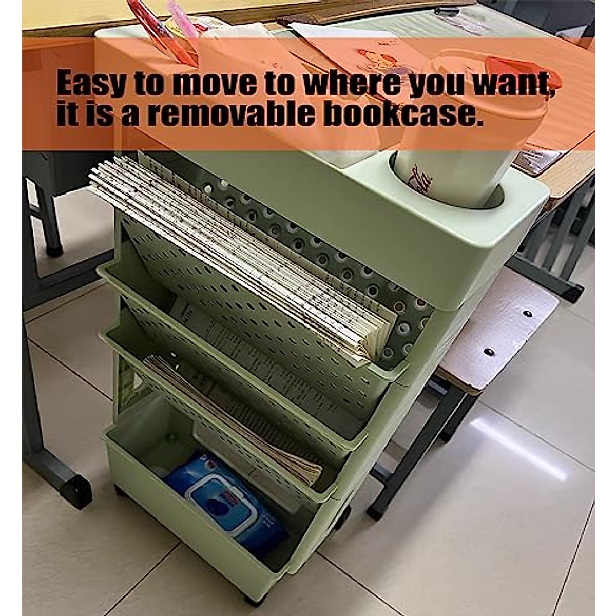 APBATS 5 Tier Removable Movable Bookshelf, Mobile Unique Bookcase, Utility Organizer Green Bookshelves with Wheels for Kids Children Students Study in Bedroom Living Room Home School