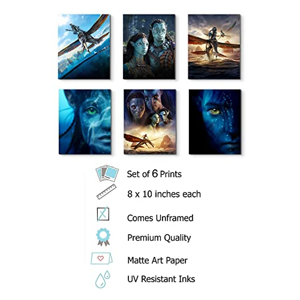 Avatar: The Way of Water 2022 - Set of 6 Promo Movie Poster Prints, (8x10s) Pandora wall art decor of Jake Sully, Neytiri, Kiri, Tonowari, Ronal