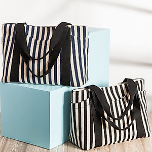 AONIJIE Canvas Work Tote Bag for Women, Medium Teacher Shoulder Bag, Lightweight Handbag Purse with Zipper Fit 13.3 Inch Laptop, Black Strip