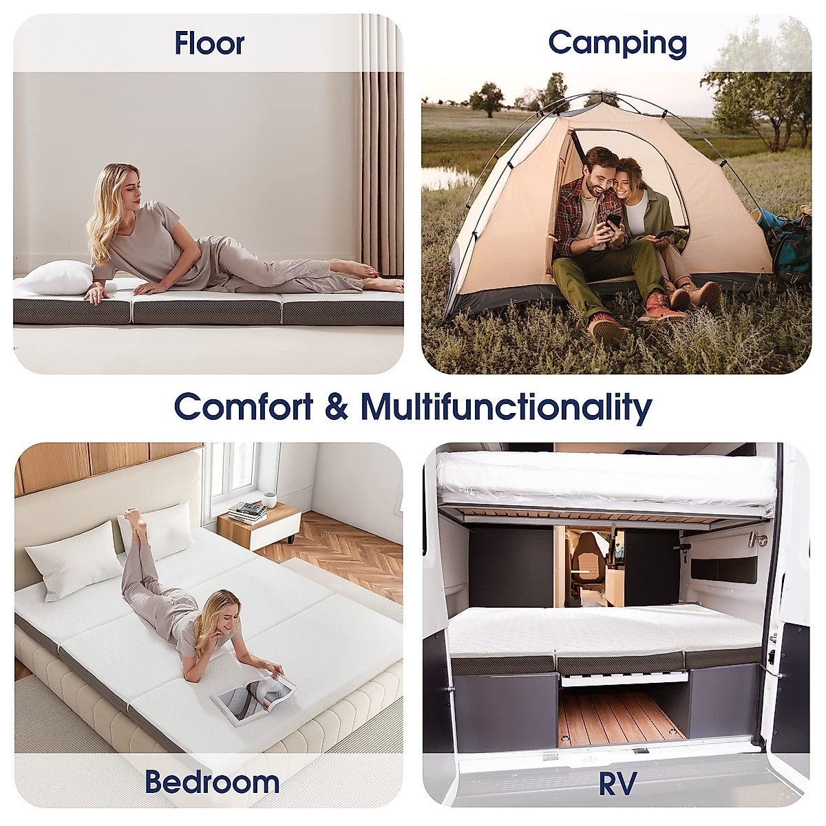 BedLuxury 3 Inch Twin Size Foldable Memory Foam Topper Portable Floor Guest Bed with Removable Cover