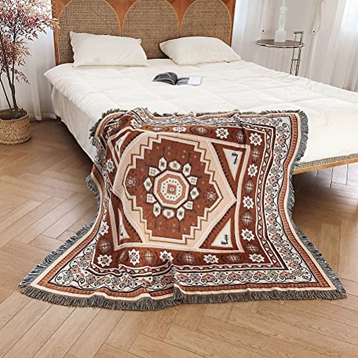 tiowik Bohemian Mexican Decorative Throw Woven Blanket with Tassel for Home Decoration Chair Couch Sofa Bed Beach Travel Picnic Cloth Tapestry Shawl Cozy Cotton (Dark Red 63×51 Inches)