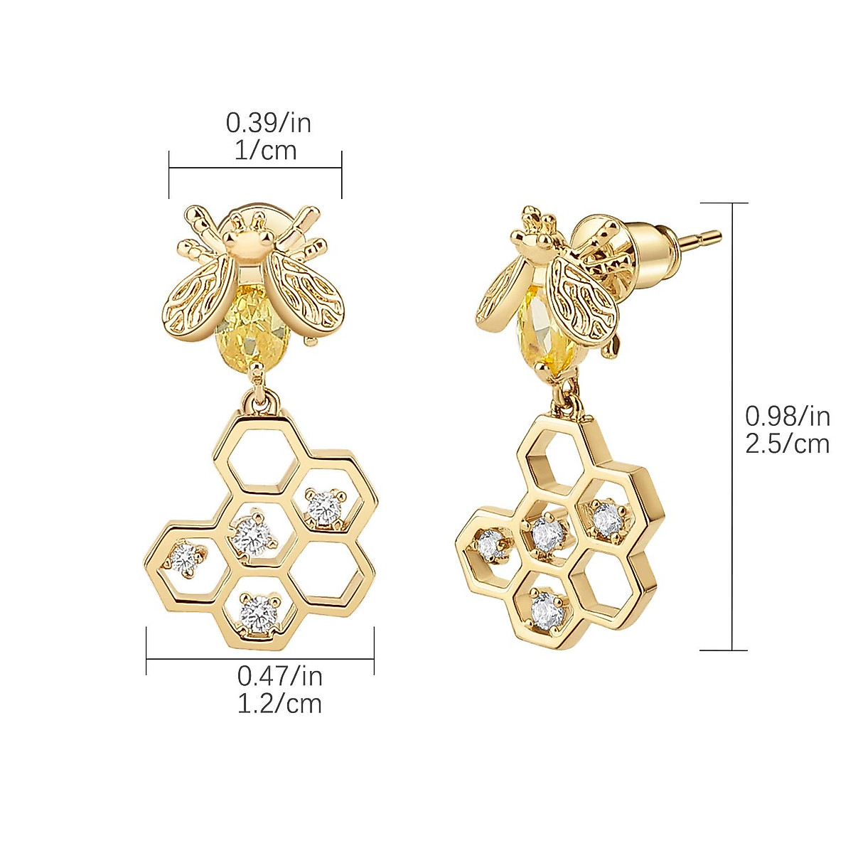 Emibele Dangle Earrings, 925 Sterling Silver Needle Cubic Zirconia Brass Small Bee & Honeycomb Drop Earrings for Women Ladies Adult Fashion Jewelry Accessories - Champagne Gold