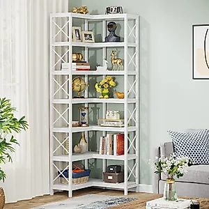 Tribesigns 7-Shelf Corner Bookshelf,Large Modern Corner Bookcase, 7-Tier Tall Corner Shelf Storage Display Rack with Metal Frame for Living Room Home Office (White)