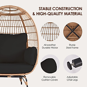 OTSUN Oversized Wicker Egg Chair: Outdoor Indoor Lounger with 4 Cushions, 440lb Capacity, Egg Basket Chair for Living Room, Backyard, Balcony, Patio, Black