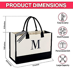 CONTROL KITCHEN Personalized Initial Tote Canvas Beach Bag, Monogrammed Gift Tote Bag for Women, Gift Package Included