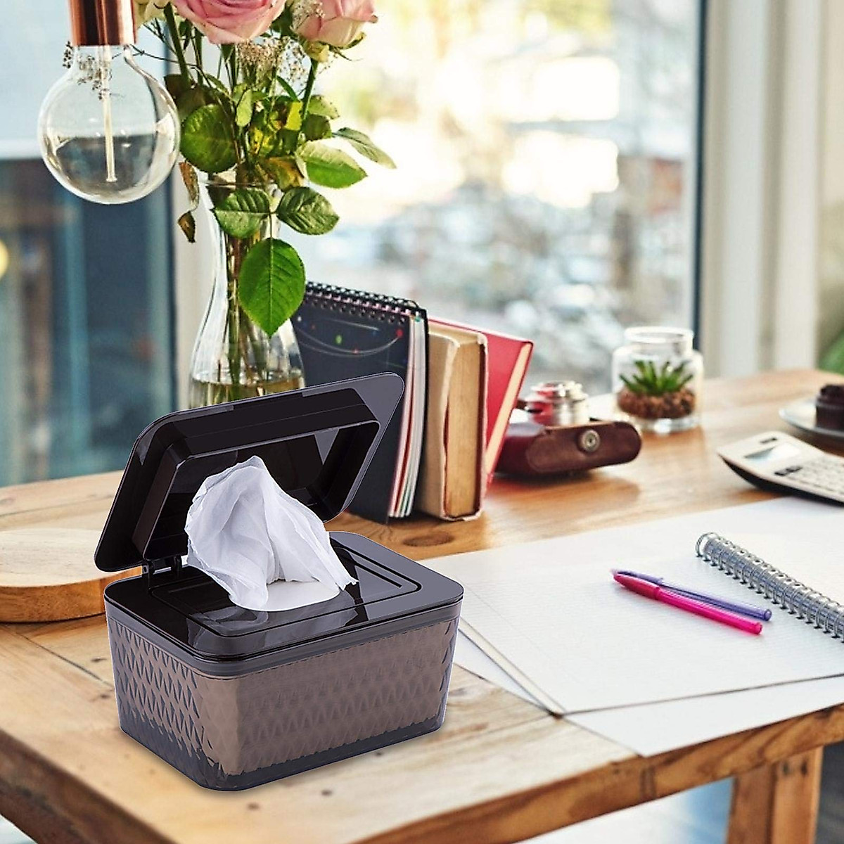 chengyan Wipes Dispenser Case, Dustproof Paper Towel Container Box with Lid and Non-Slip Rubber Feet, Removable Seal-Designed Wipe Holder, Plastic Large Capacity Dust-Proof Baby Wipes Case, Brown