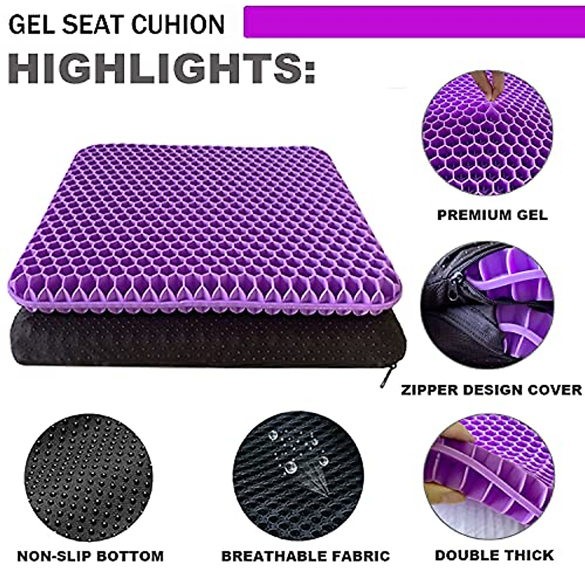 Gel Enhanced Seat Cushion - Double Thick Orthopedic Seat Cushion with Non-Slip Cover - Office Chair Car Seat Cushion - Tailbone Cushion - Coccyx Cushion - Sciatica Pillow for Sitting