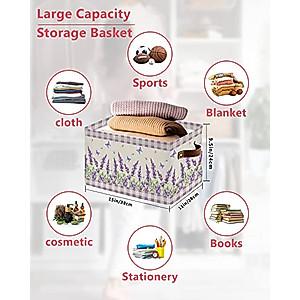 Storage Bins, Lavender with Purple Check Rustic Storage Baskets for Organizing Closet Shelves Clothes Decorative Fabric Baskets Large Storage Cubes with Handles