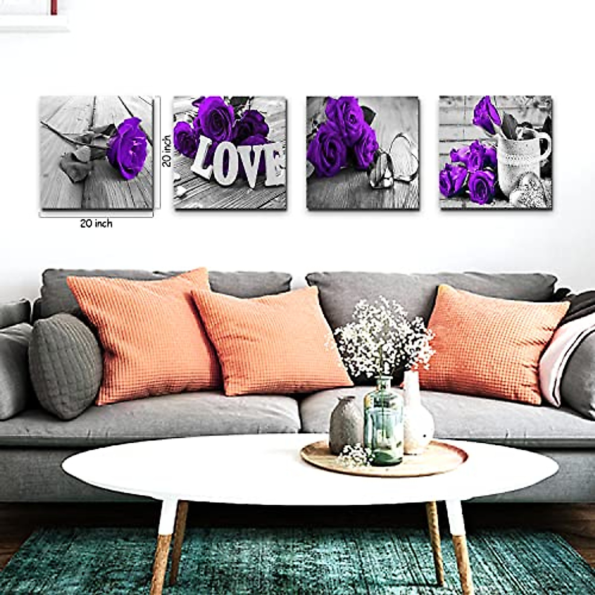 Purple Pictures Wall Decor Flowers Canvas Wall Art for Couples Bedroom Romantic Rose Bathroom Painting Black and White Grey Love Themed Floral Poster Living Room Modern Home Decorations 12x12" 4 Pcs