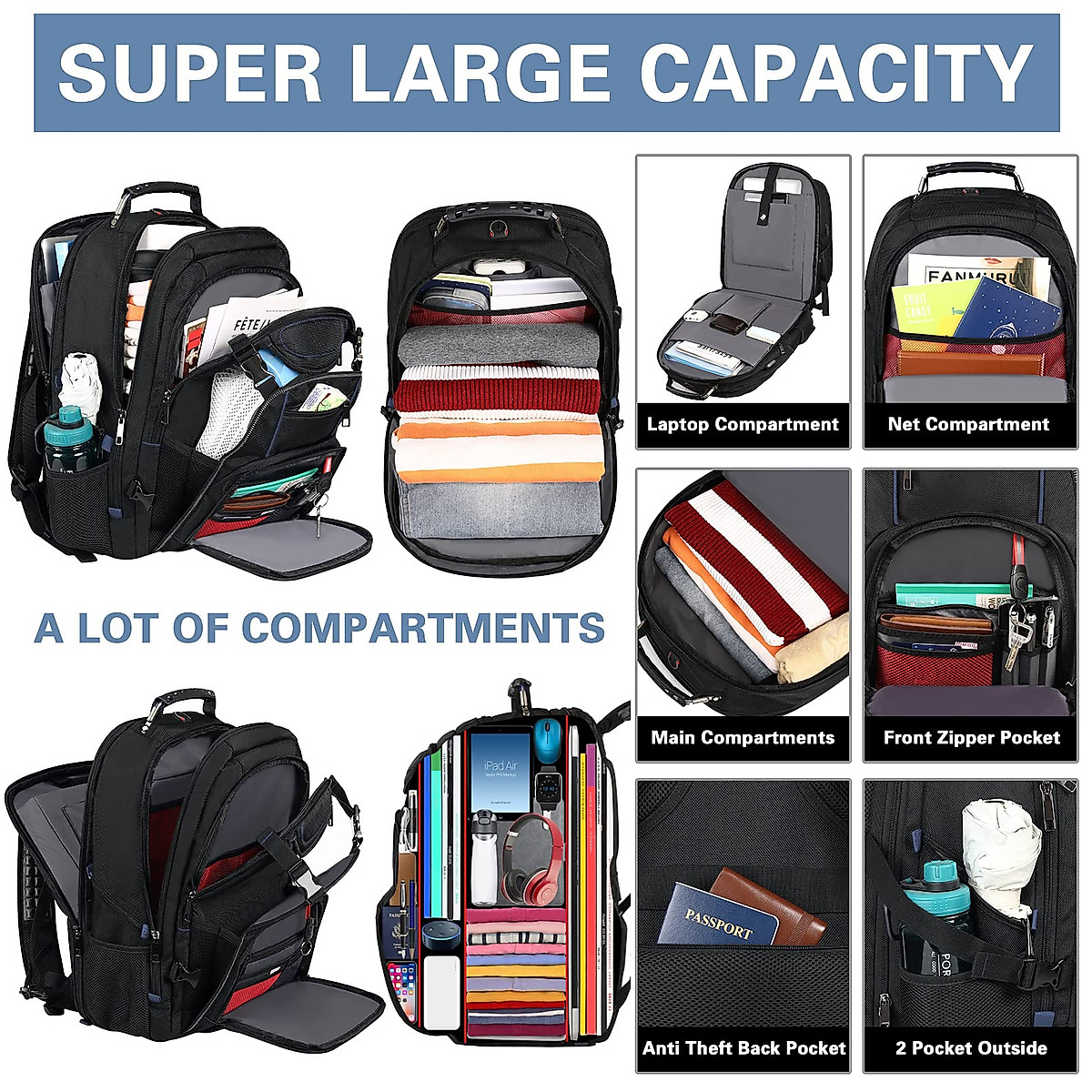 18.4 Inch Laptop Backpack, Extra Large Travel Backpack with USB Charger Port for Men Women, 60L Big Capacity Heavy Duty Computer Bag TSA Friendly RFID Anti Theft Pocket Durable College School Bookbag