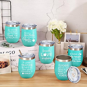 Patelai 6 Pcs Thank You Teacher Gift Teacher Appreciation Christmas Coffee Mug Back to School Gift for Women Men Preschool Elementary Teacher 12oz Wine Tumbler Lids Straws(Simple Mint)