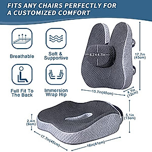 Memory Foam Seat Cushion & Lumbar Support Pillow for Office Chair Car Wheelchair, 3 Piece Chair Cushion Set with Adjustable Straps for Lower Back, Tailbone, Sciatica, Hip Pain Relief, CertiPUR-US
