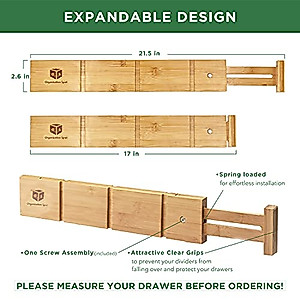 *UPGRADED* Kitchen Drawer Dividers w/Inserts and Liner - Adjustable Bamboo Organizers for Drawers - Spring Loaded, Large for Utensils and Deep for Clothes - Tall Wood Draw Divider Separator (Long)
