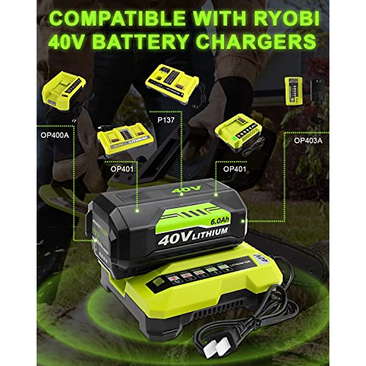 GERIT BATT OP4026 6000mAh Replacement Battery Compatible with Ryobi 40V Lithium Battery OP4026A OP4050A OP40601 OP4040 OP4030 OP4050 OP4015 OP40261 OP40201 OP40301 OP40401 Cordless Power Tools(Green)